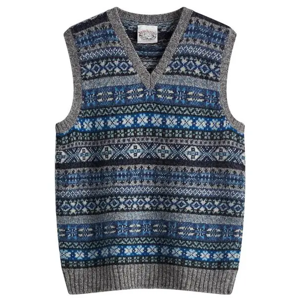 JAMIESON'S OF SHETLAND Fair Isle V-neck Vest - Slate/granite