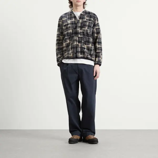 Universal Works Patch Check Fleece Cardigan - Navy