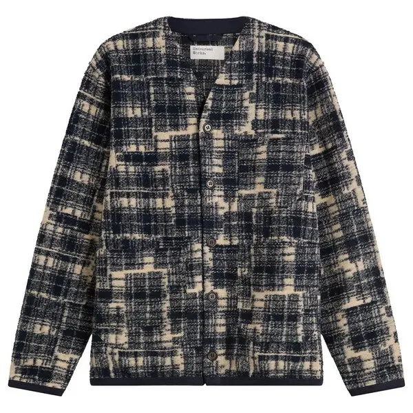 Universal Works Patchwork Check Fleece Cardigan - Navy