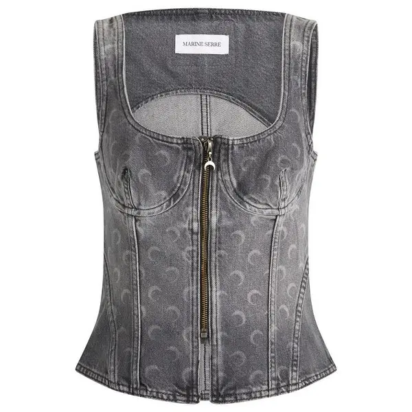 MARINE SERRE Moon Laser Denim Bustier Top - Dark Grey