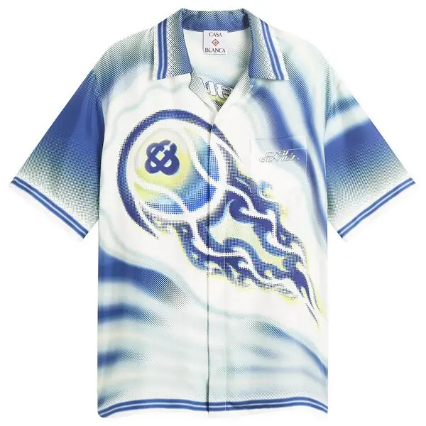 Casablanca Flaming Tennis Ball Cuban Collar Shirt - Blue