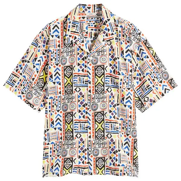 BEAMS Print Loose Open Collar Shirt - White