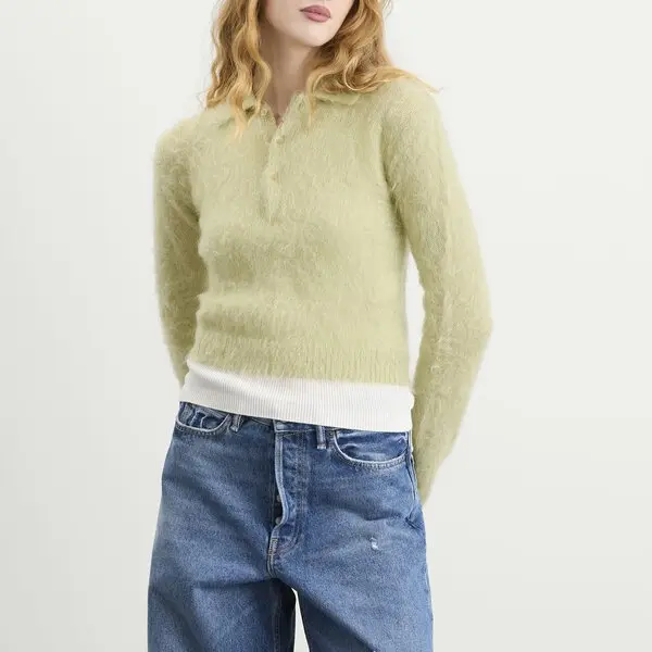 Auralee Mohair Knit Polo - Light Khaki