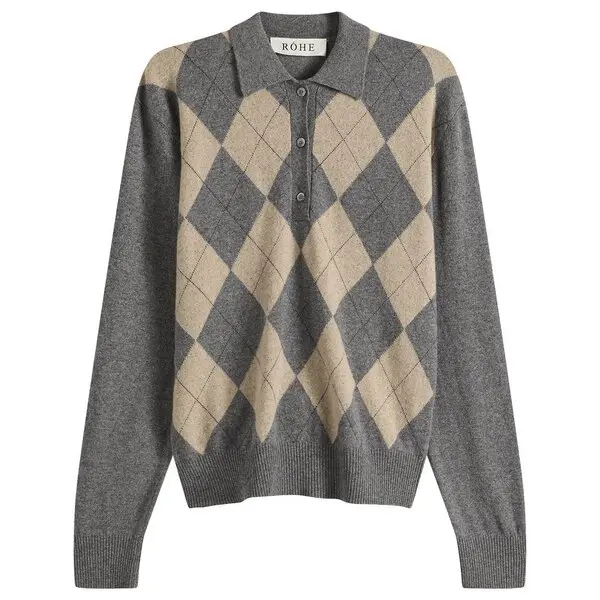 RÓHE Argyle Mouliné Wool Polo - Grey/oat Check