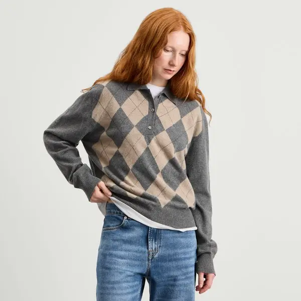 RÓHE Argyle Mouliné Wool Polo - Grey/oat Check