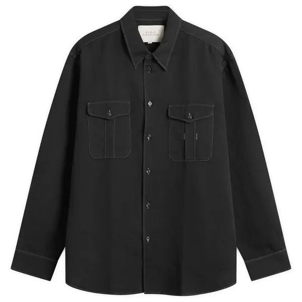 Studio Nicholson Louro Cotton Linen Utility Shirt - Black Grape