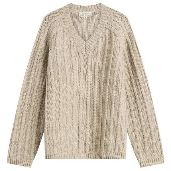 Studio Nicholson Sussex V-neck Wool Cable Knit Jumper - Oatmeal