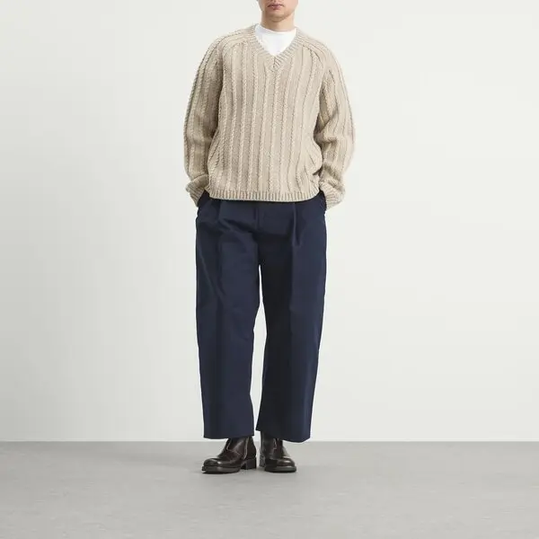 Studio Nicholson V-neck Wool Cable Knit Jumper - Oatmeal