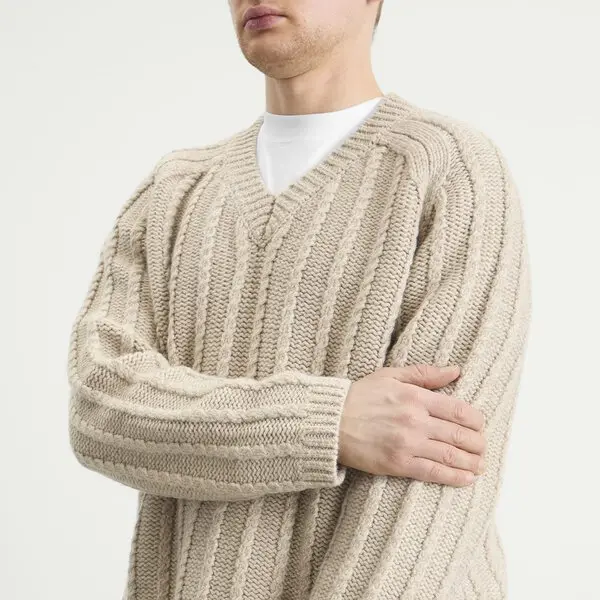 Studio Nicholson V-neck Wool Cable Knit Jumper - Oatmeal