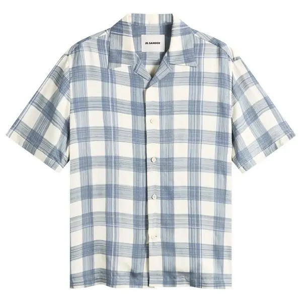 JIL SANDER Boxy Fit Short Sleeve Shirt Check Shirt - Blue Hydrangea