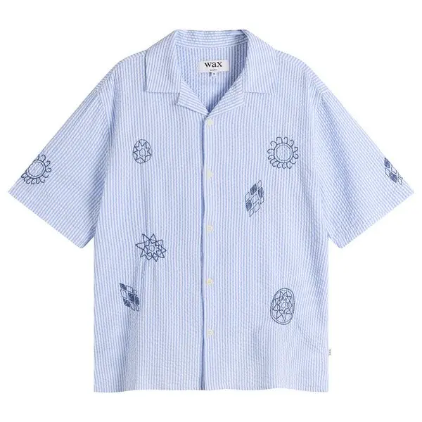 WAX LONDON Didcot Seersucker Doodle Vacation Shirt - Blue/ecru