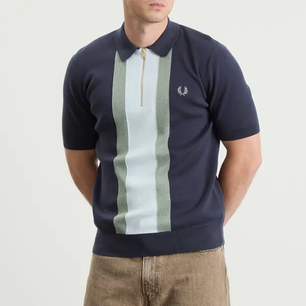 Fred Perry Textured Stripe Knitted Zip Polo Shirt - Dark Airforce