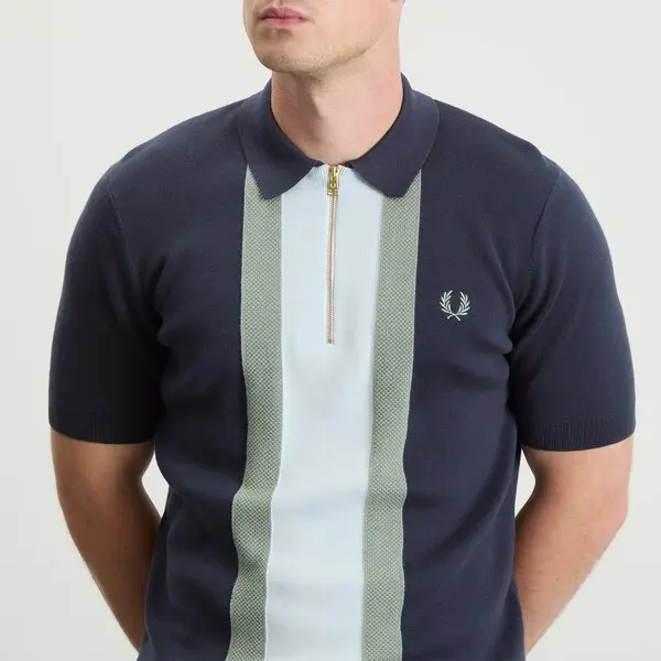 Fred Perry Textured Stripe Knitted Zip Polo Shirt - Dark Airforce