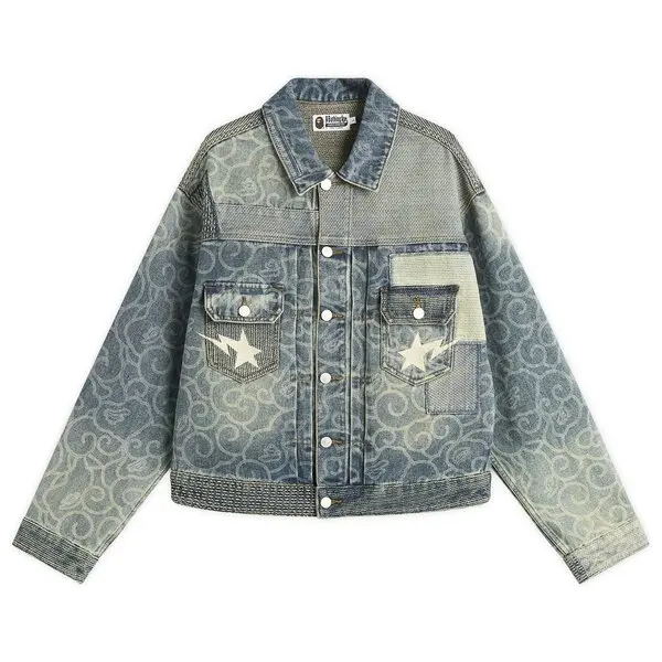 A BATHING APE Cloud Camo Upcycled Denim Trucker Jacket - Navy