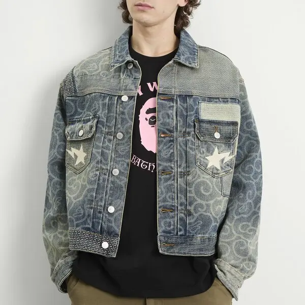 A BATHING APE Cloud Camo Upcycled Denim Trucker Jacket