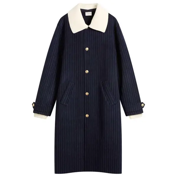 Drole De Monsieur Pinstripe Coat With Detachable Collar - Dark Navy