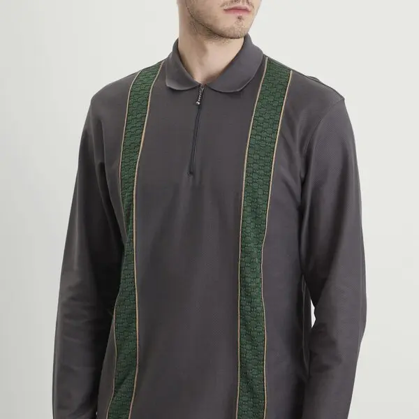 PALMES Lace Long Sleeve Zip Polo - Charcoal