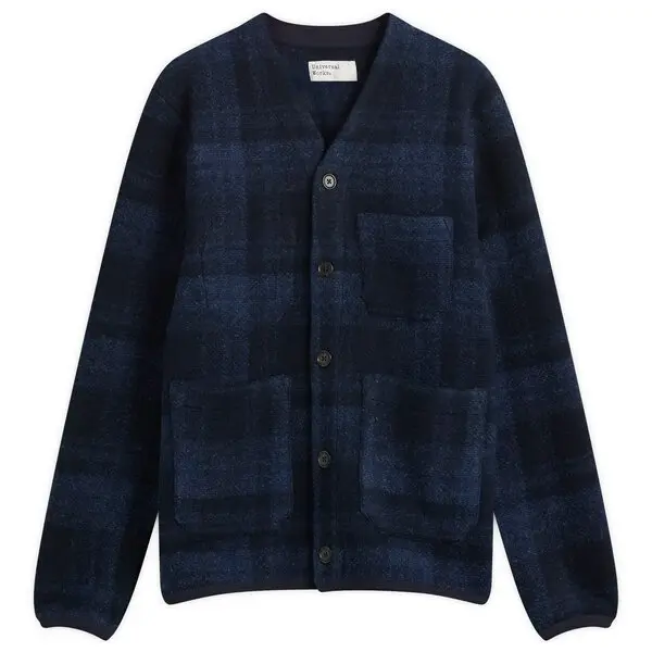 Universal Works Moh Check Fleece Cardigan - Navy