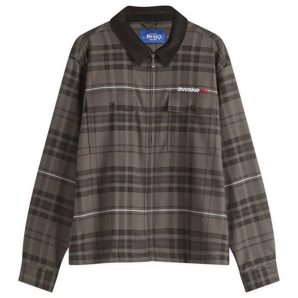 AWAKE NY Plaid Flannel Zip Overshirt - Brown