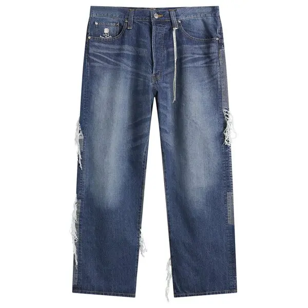 MASTERMIND WORLD Patchwork Jacquard Straight Denim Pants - Indigo