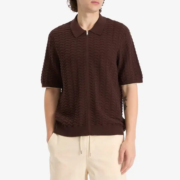 Nn07 Gustav Pointelle Stitch Zip Polo - Coffee
