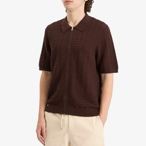 Nn07 Gustav Pointelle Stitch Zip Polo - Coffee