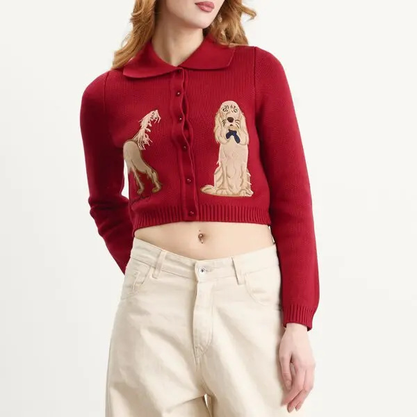 HOUSE OF SUNNY Lady Tripper Dog Embroidered Cropped Cardigan - Ruby Red