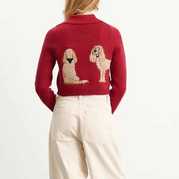 HOUSE OF SUNNY Lady Tripper Dog Embroidered Cropped Cardigan - Ruby Red