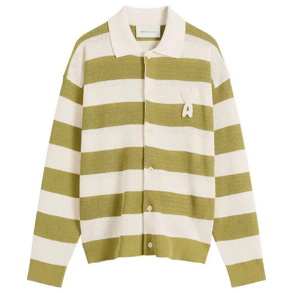AMI Paris Stripe Knitted Shirt With De Coeur Patch - Blanc Creme/matcha