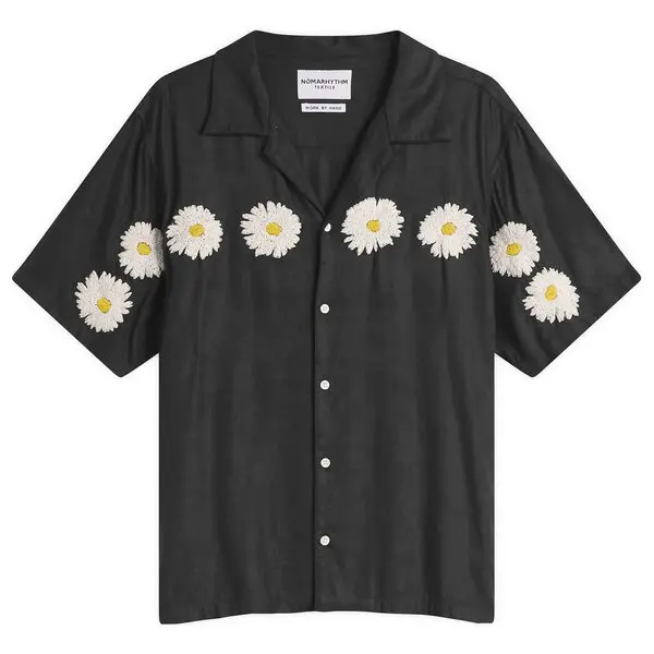 NOMARHYTHM TEXTILE Flower Embroidery Open Collar Shirt - Black