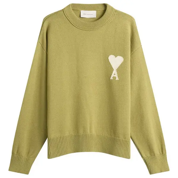 AMI Paris Crewneck Sweater With Contrasted De Coeur - Matcha/ecru