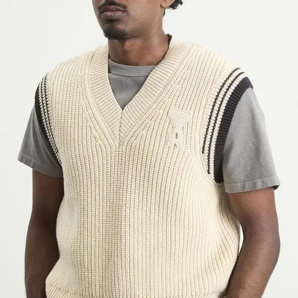 AMI Paris Wool-cotton Rib Knit V-neck Sleeveless Sweater With De Coeur Patch