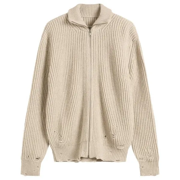 MAISON MARGIELA Distressed Rib Zip Through - Beige Melange
