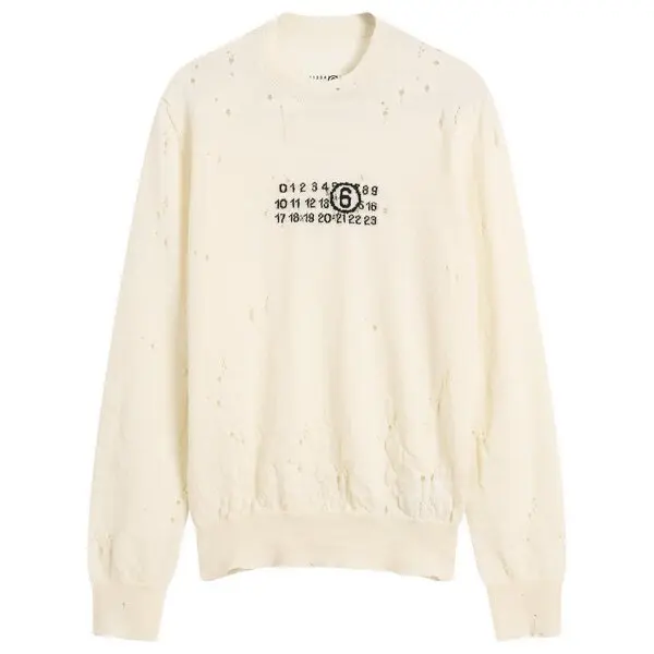 MAISON MARGIELA Numbers Logo Distressed Knitted Jumper - Off White