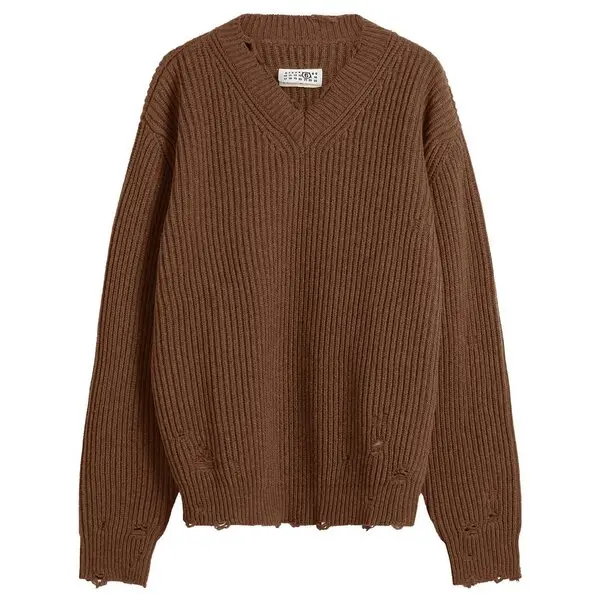 MAISON MARGIELA Wool Blend V-neck Jumper - Brown Melange