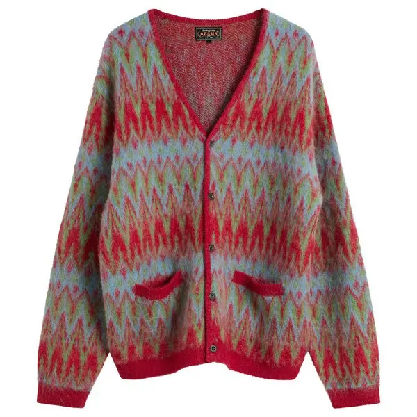 BEAMS Jacquard Chevron Cardigan - Red