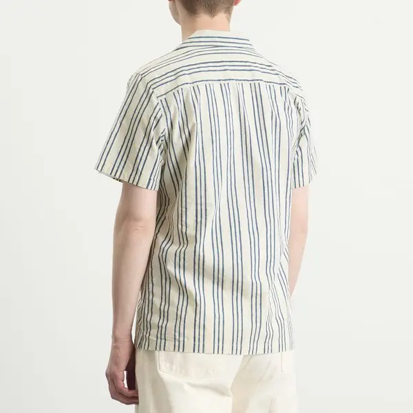 DRAKE'S Tri-stripe Block Print Camp Collar Shirt - Off White/iindigo
