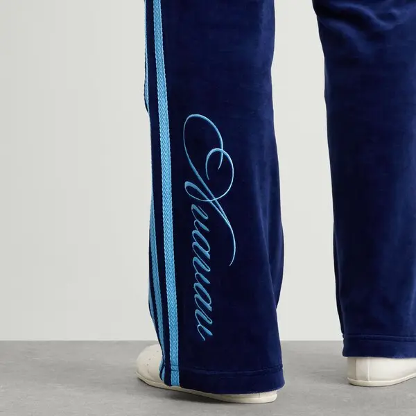 Adidas Velvet Track Pants With Contrast Piping And Embroidered Logo - Dark Blue