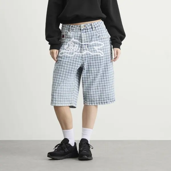 ICECREAM Houndstooth Running Dog Jorts - Light Blue