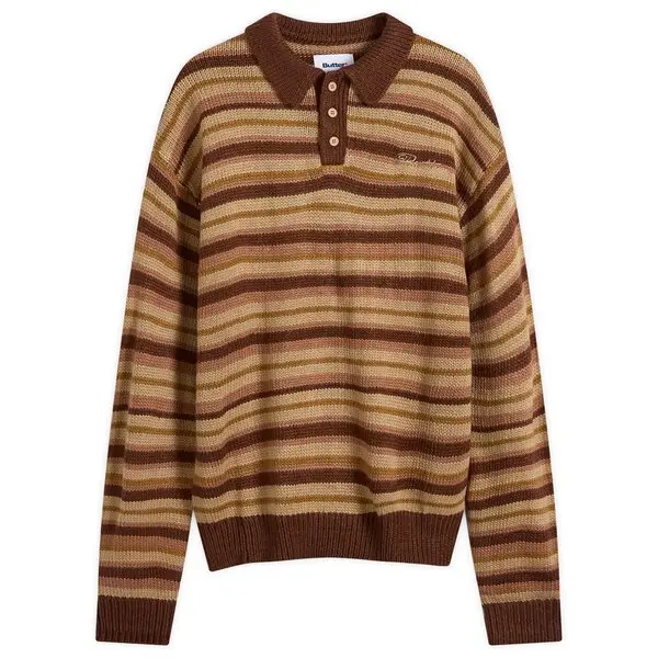 BUTTER GOODS Ombre Stripe Knit Polo Sweater - Chocolate