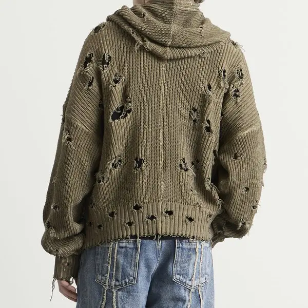 THUG CLUB Distressed Knitted Zip-up Hoodie