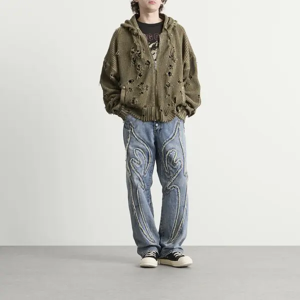 THUG CLUB Distressed Knitted Zip-up Hoodie
