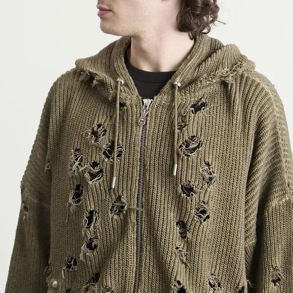 THUG CLUB Distressed Knitted Zip-up Hoodie