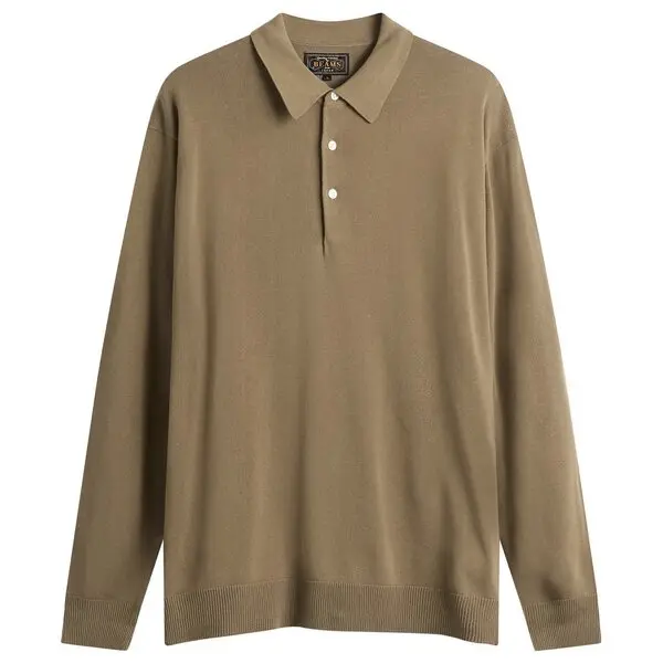 BEAMS 12g Knit Long Sleeve Polo - Mocha