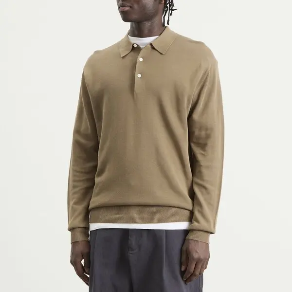 BEAMS 12g Knit Long Sleeve Polo - Mocha