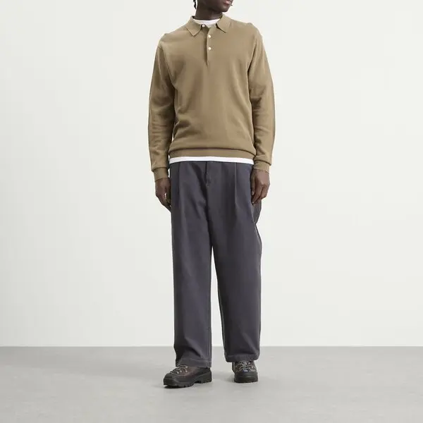 BEAMS 12g Knit Long Sleeve Polo - Mocha