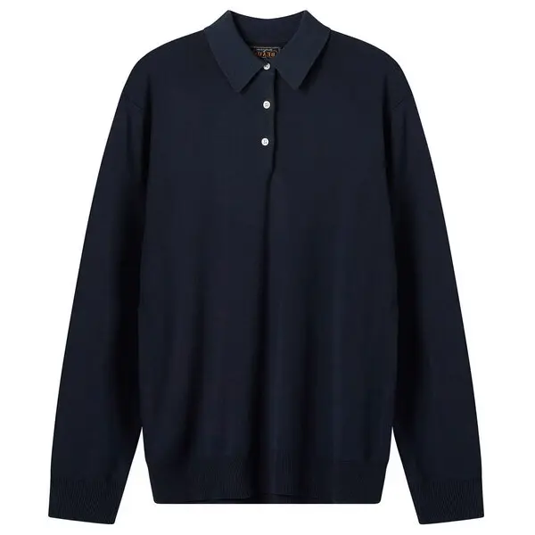 BEAMS 12g Knit Long Sleeve Polo - Navy