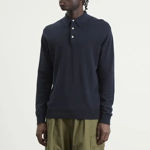 BEAMS 12g Knit Long Sleeve Polo - Navy