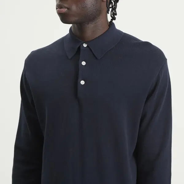 BEAMS 12g Knit Long Sleeve Polo - Navy
