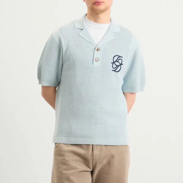 Drole De Monsieur Monogramme Open Weave Polo - Light Blue